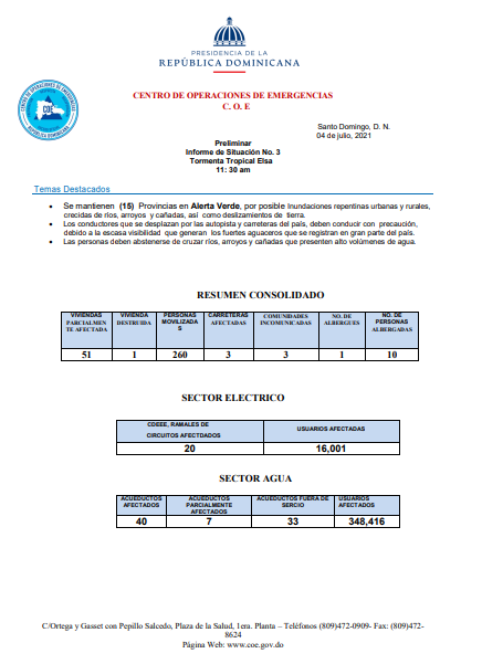 Centro De Operaciones De Emergencias Coe Informe De Situación No 3